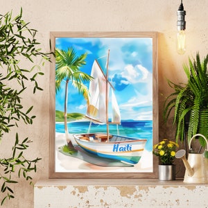 Haitian Fishing Sloop Watercolor Print, Tropical Beach Wall Art ...