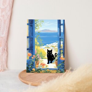 Black Cat Watercolor Print, Greece Travel Wall Art, Romantic ...