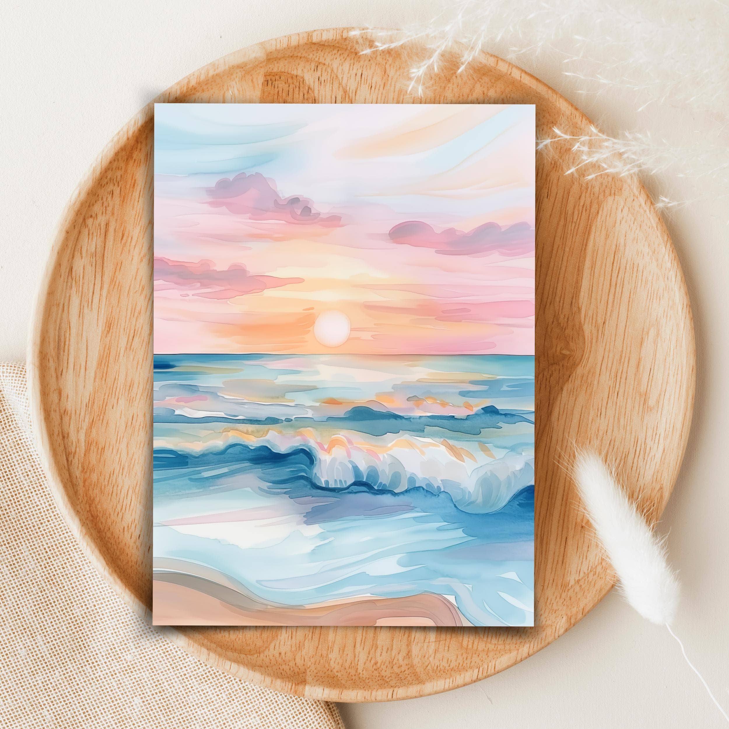 Pastel Beach Sunset Watercolor Print, Coastal Seascape Wall Art, Ocean ...