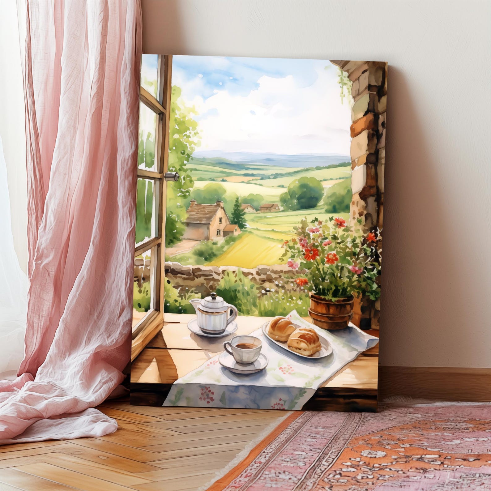 English Kitchen Watercolor Print, Countryside Window View Art, Rustic ...