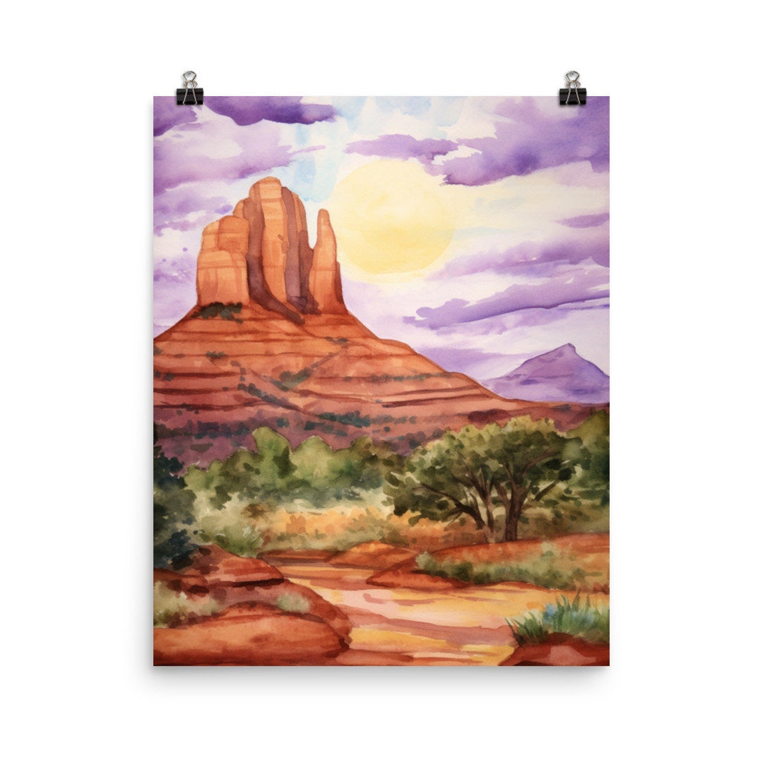 Sedona Arizona Watercolor Print, Red Rock Wall Art, Desert Landscape ...