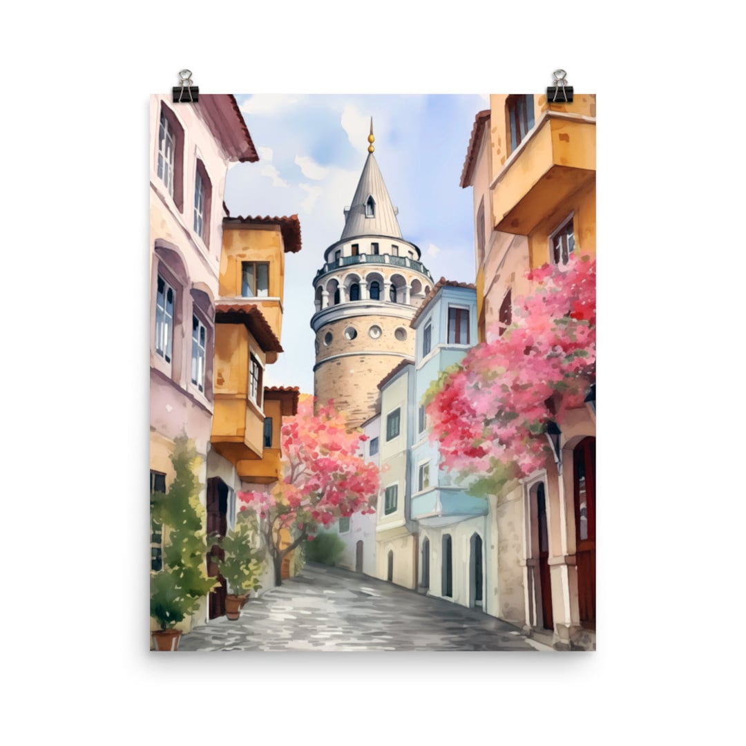 Galata Tower Watercolor Print, Istanbul Wall Art, Turkish Cityscape ...