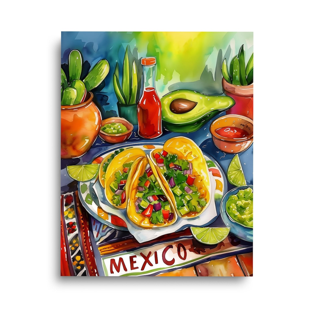Mexican Tacos Watercolor Print, Vibrant Foodie Kitchen Decor, Taqueria ...