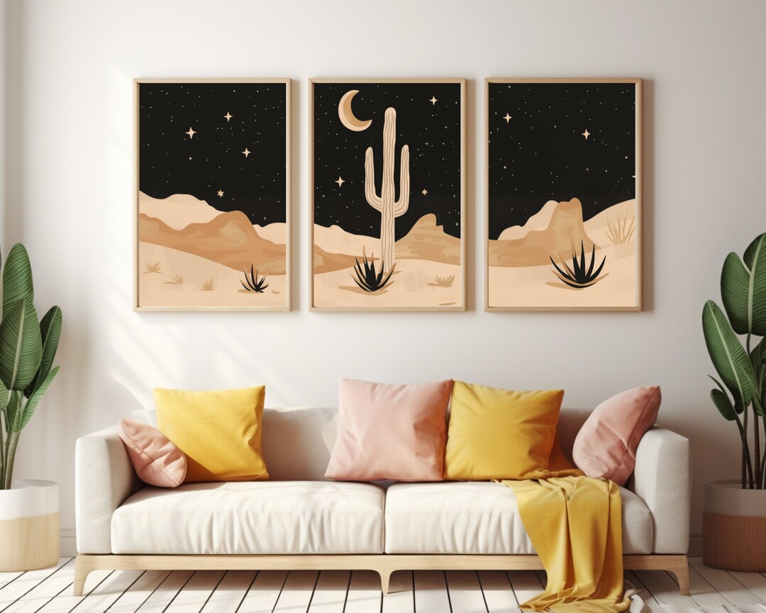 Desert Landscape Watercolor Print, Set of 3, Saguaro Cactus and ...