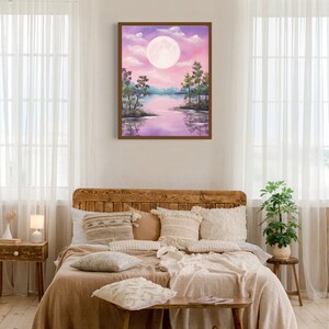 Full Moon Pink Sky Watercolor Print Moon Wall Art Pink Sky Art ...