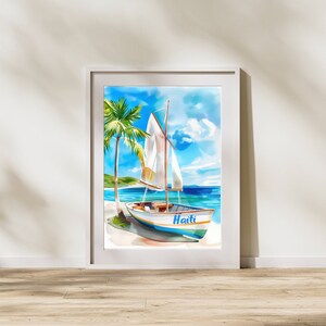 Haitian Fishing Sloop Watercolor Print, Tropical Beach Wall Art ...