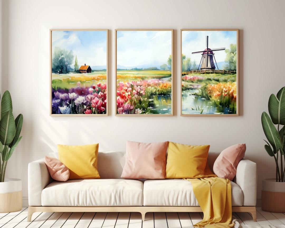Netherlands Windmill Watercolor Print Set of 3, Dutch Countryside Wall ...
