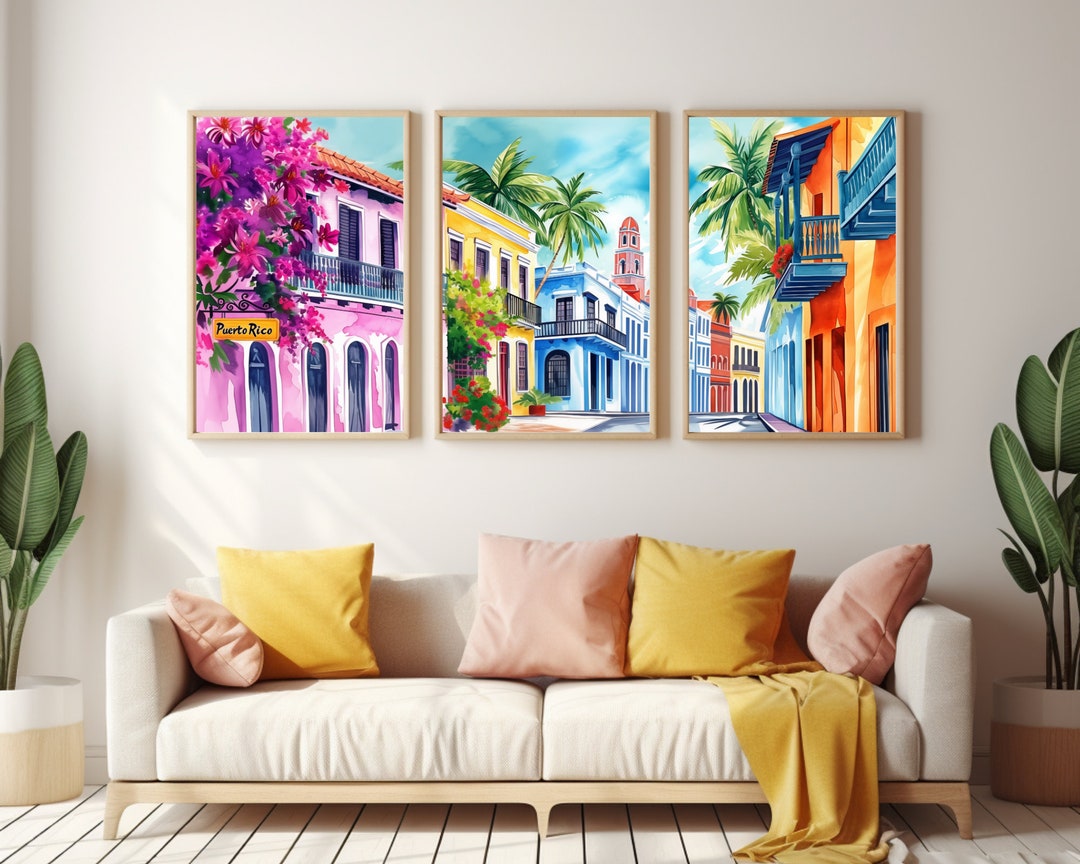Puerto Rico Watercolor Print Set of 3, San Juan Cityscape Wall Art ...
