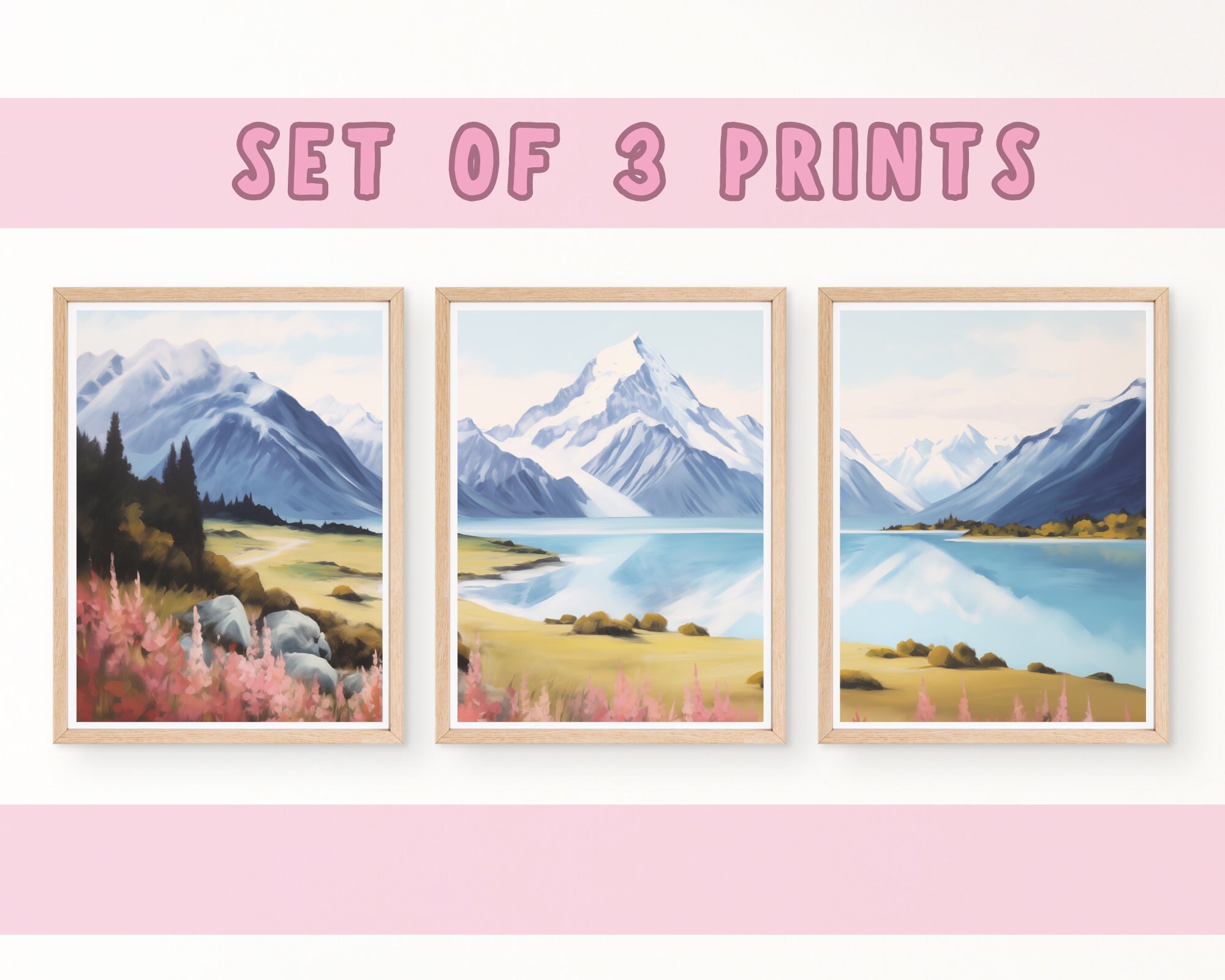 Aoraki Mount Cook Watercolor Print Set of 3, New Zealand Mountain Wall ...