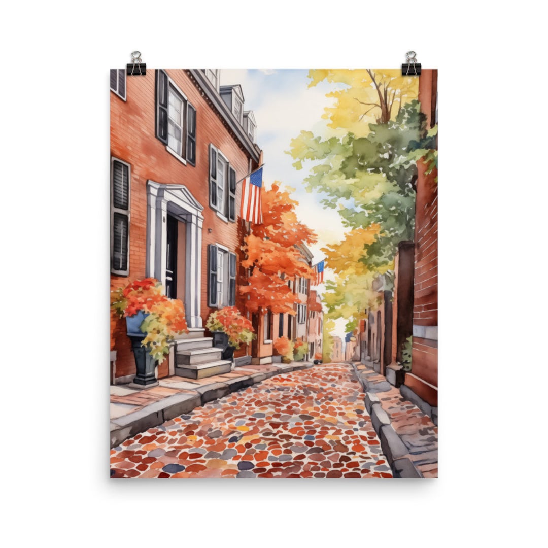 Acorn Street Watercolor Print, Boston Beacon Hill Wall Art ...