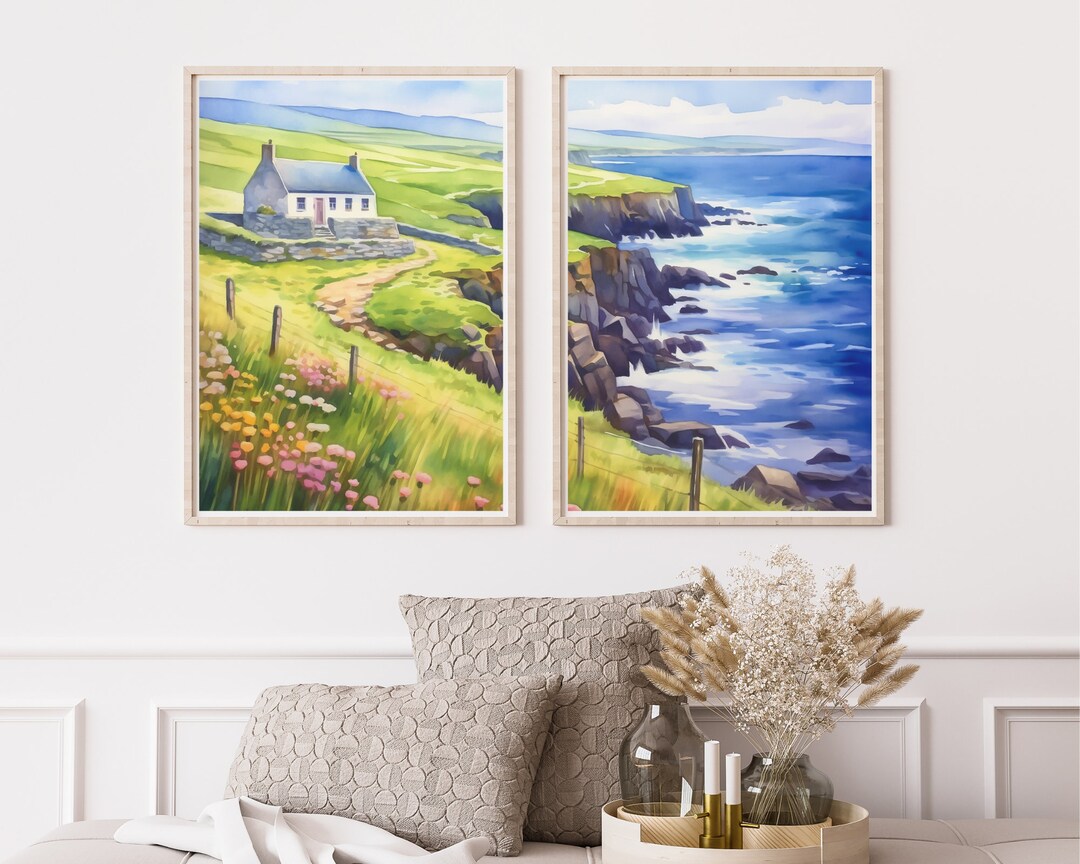Dingle Peninsula Watercolor Print, Set of 2, Ireland Coastline Wall Art ...