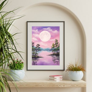 Full Moon Pink Sky Watercolor Print Moon Wall Art Pink Sky Art ...