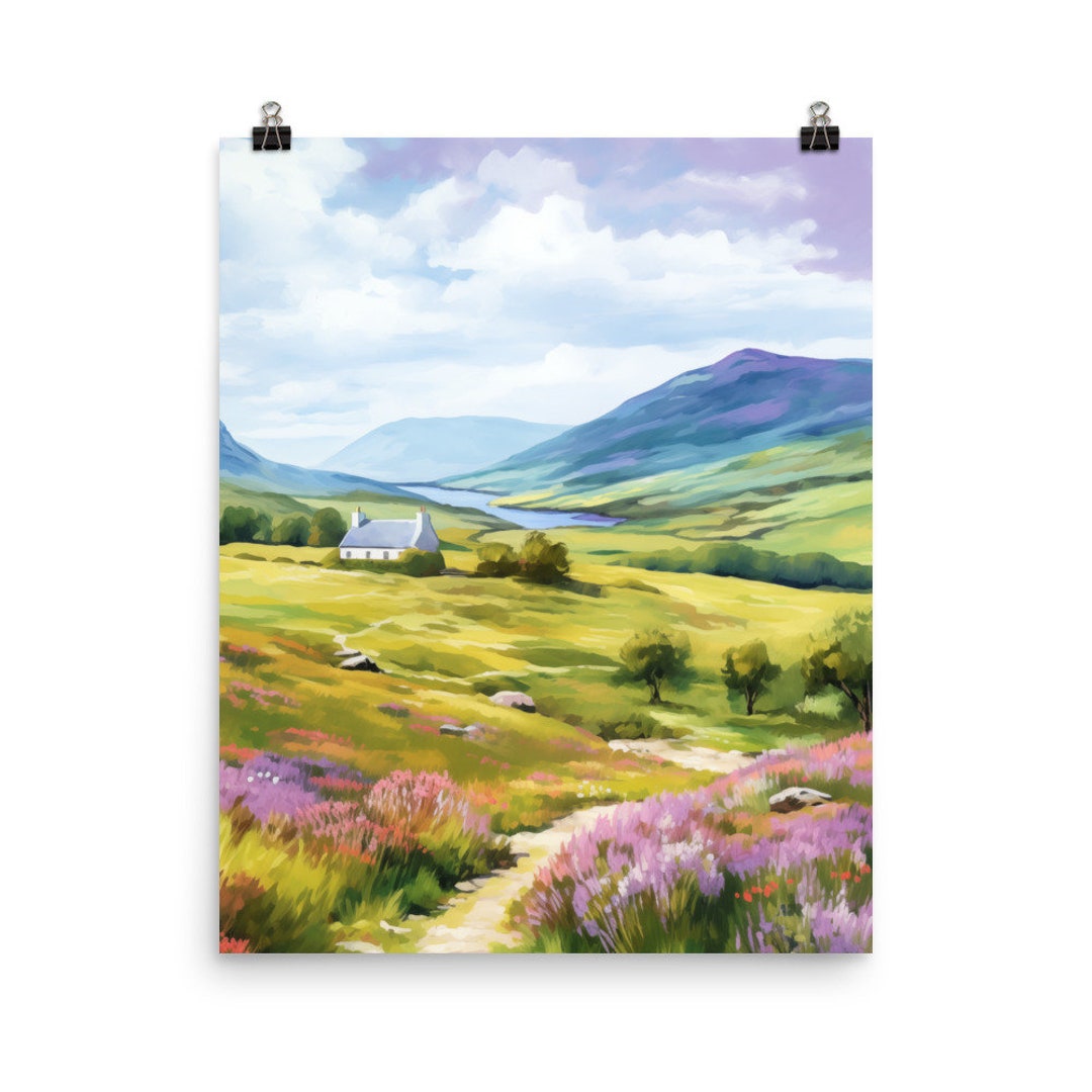 Scottish Highlands Watercolor Print, Heather Meadow Wall Art, Scotland ...