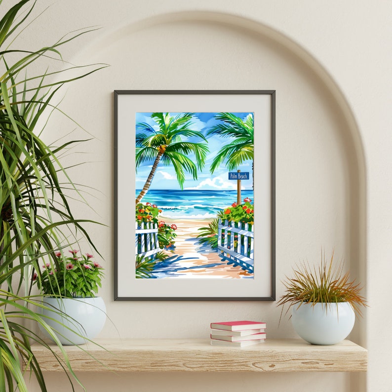 Palm Beach Watercolor Print, Tropical Coastal Wall Art, Florida Travel ...