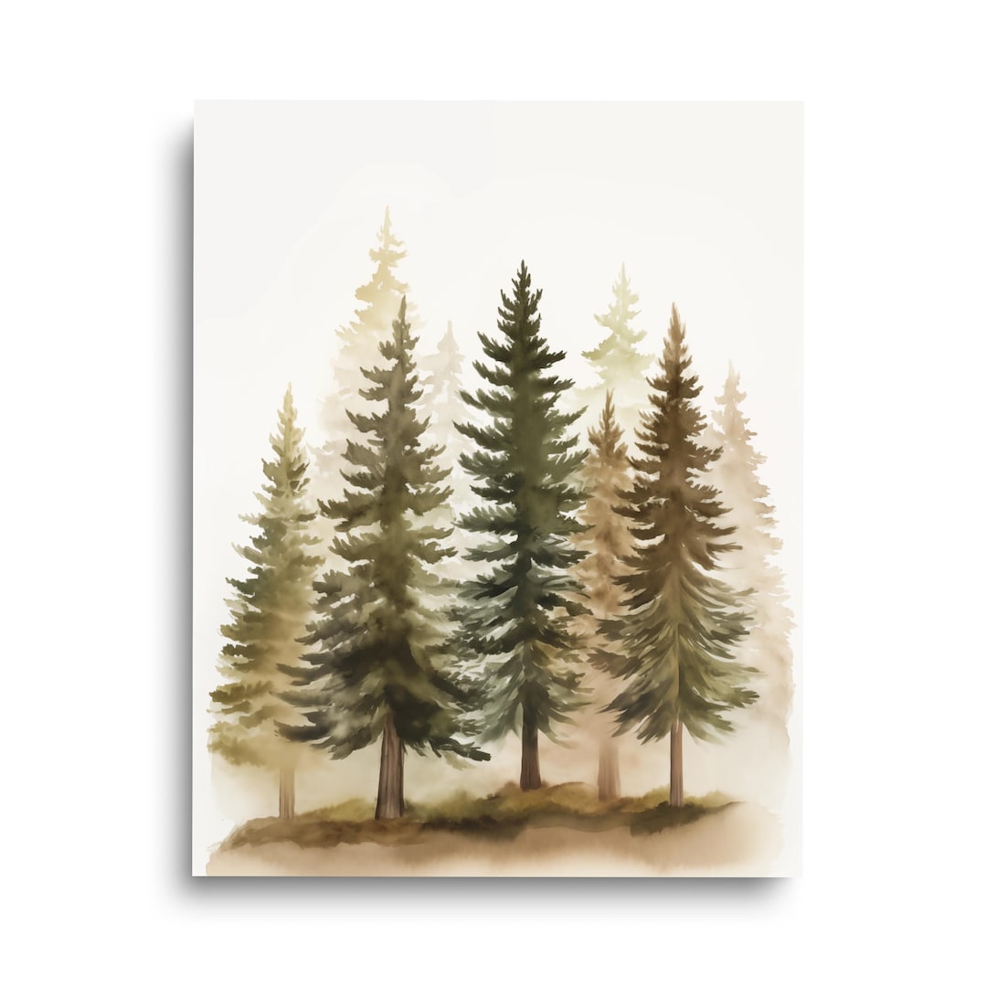 Pine Tree Watercolor Print, Muted Scandinavian Forest Art, Nature Wall ...
