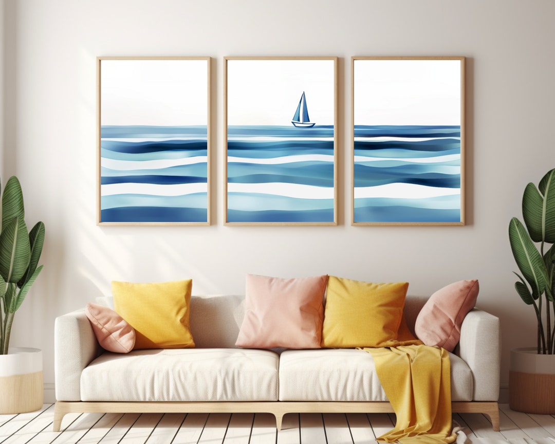 Minimalist Blue Sailboat Watercolor Print | Set of 3 | Seascape Wall ...