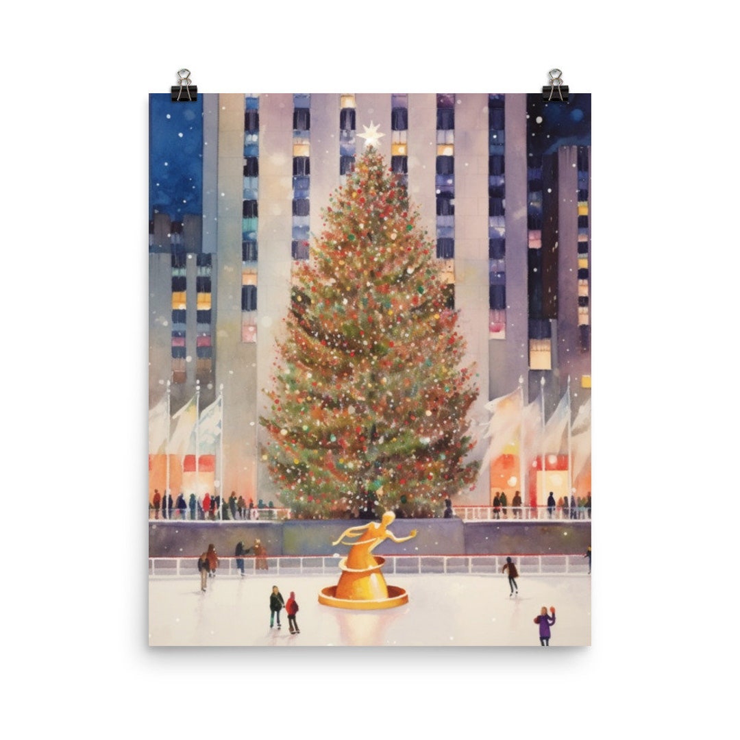 Rockefeller Center Christmas Tree Watercolor Print, NYC Holiday Wall ...