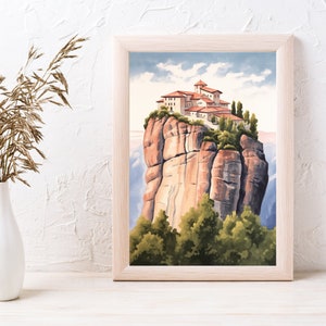 Meteora Monastery Watercolor Print, Greece Mountain Wall Art, European ...