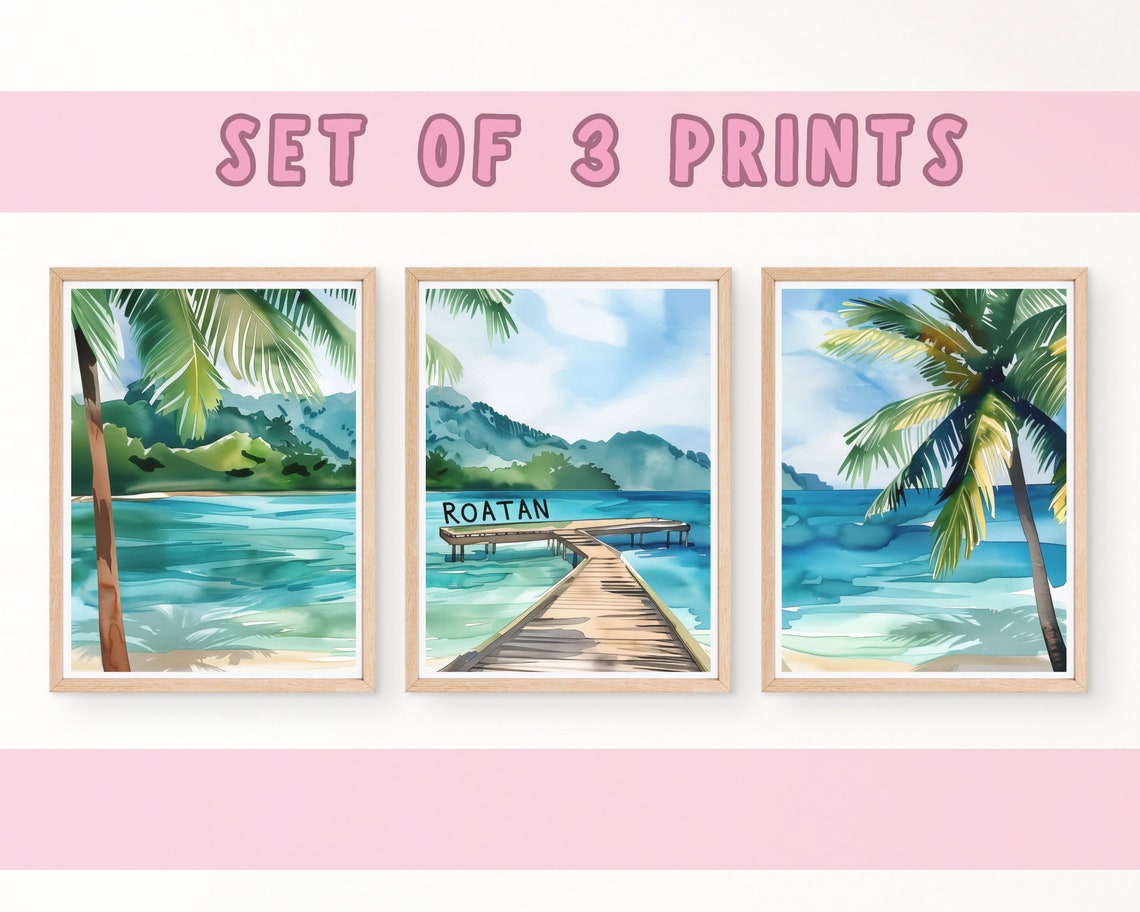 Roatan Watercolor Print Set of 3, Tropical Honduras Island Wall Art ...