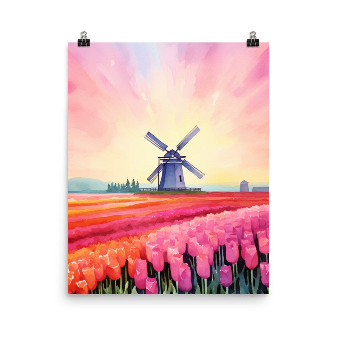 Tulip Field Watercolor Print, Dutch Windmill Wall Art, Netherlands ...