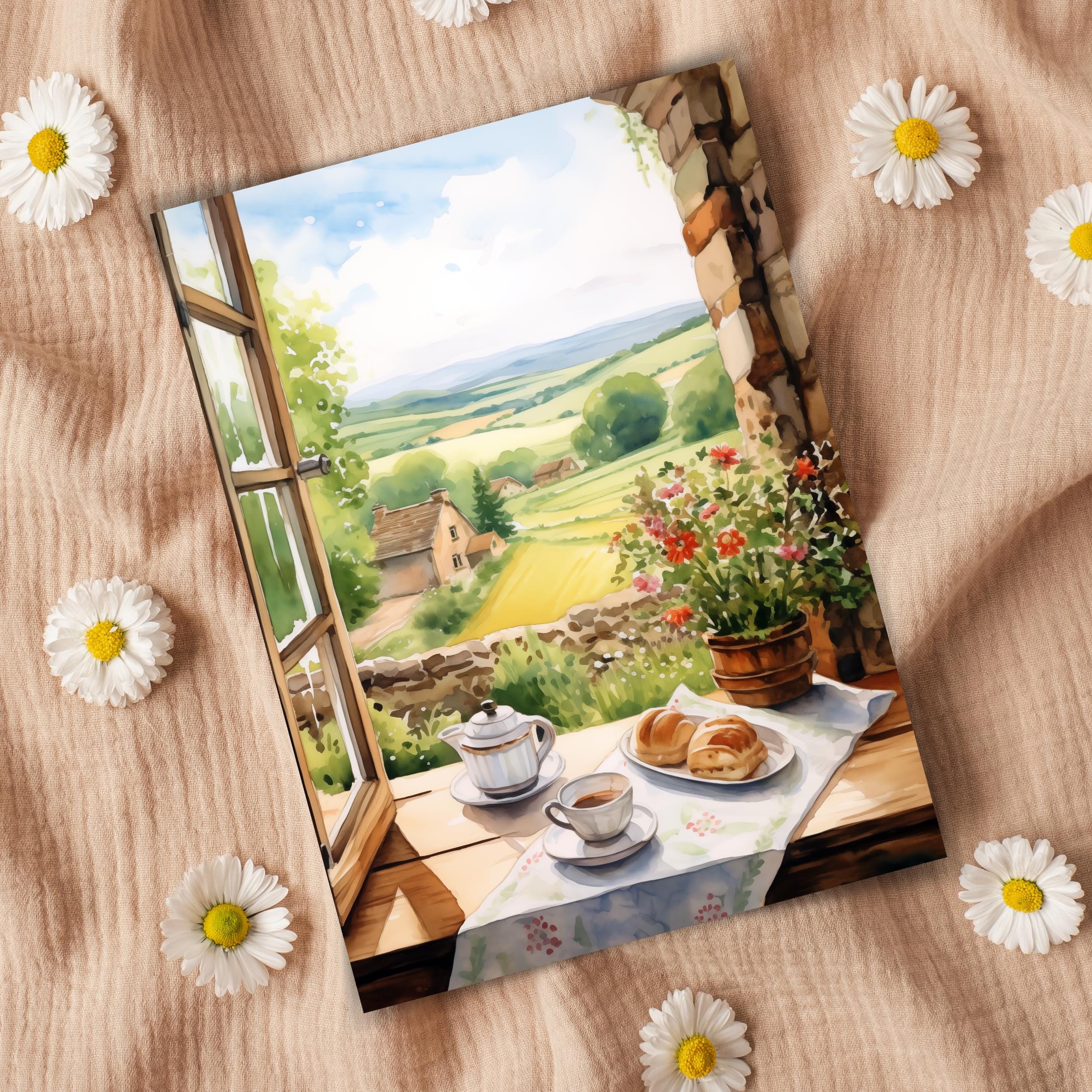 English Kitchen Watercolor Print, Countryside Window View Art, Rustic ...