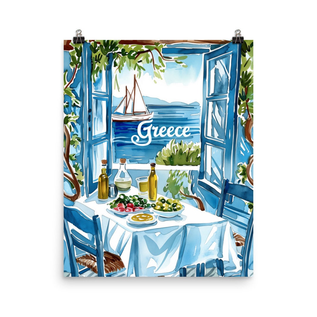 Greek Kitchen Watercolor Print Greece Travel Gift Kitchen Decor Aegean ...