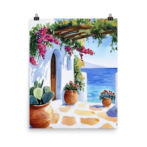 Greek Island Watercolor Print, Aegean Sea Coastal Art, Greece Travel ...