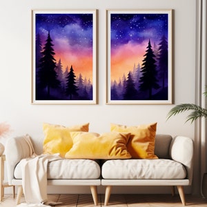 Forest Nightscape Watercolor Print | Set of 2 | Night Sky Wall Art ...
