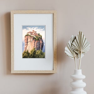 Meteora Monastery Watercolor Print, Greece Mountain Wall Art, European ...