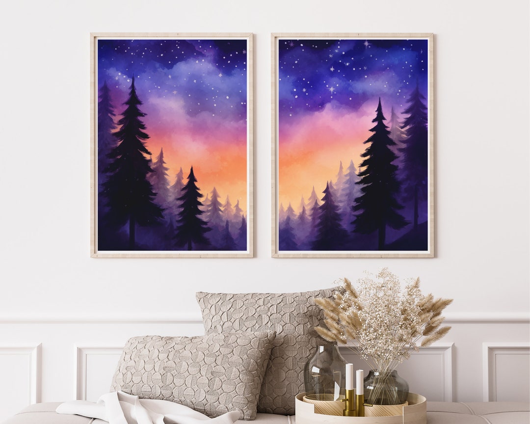 Forest Nightscape Watercolor Print | Set of 2 | Night Sky Wall Art ...