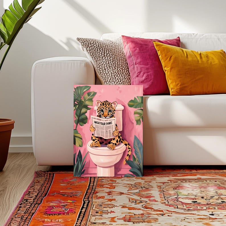 Jaguar Cub Watercolor Print, Funny Bathroom Wall Art, Quirky Animal ...