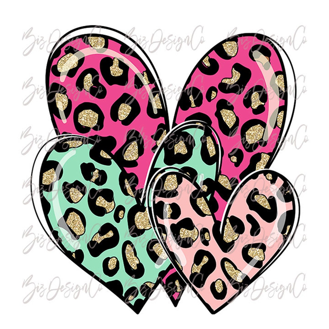 Heart Trio Png Gold Pink Leopard Heart Png Valentine Sublimation