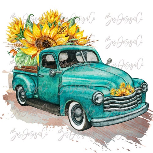 Vintage Truck With Sunflowers Png Watercolor Sunflower - Etsy