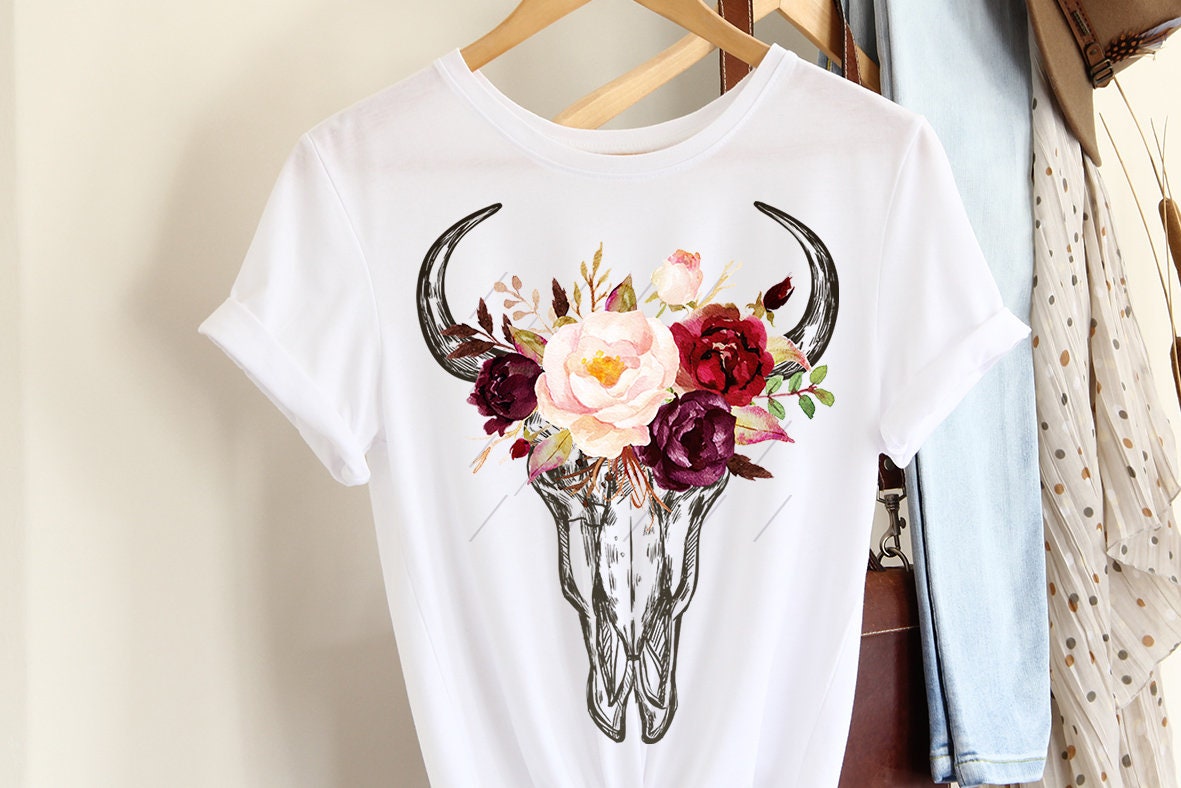 Bull Skull With Flowers Designs Floral Bull Skull Png | Etsy