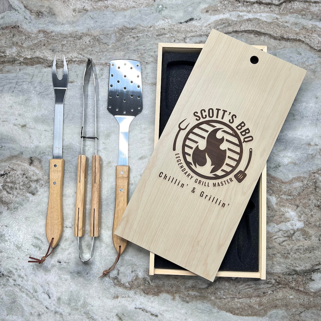 Custom Engraved BBQ Set: Stainless Steel Tools in Pine Wood Box - Etsy