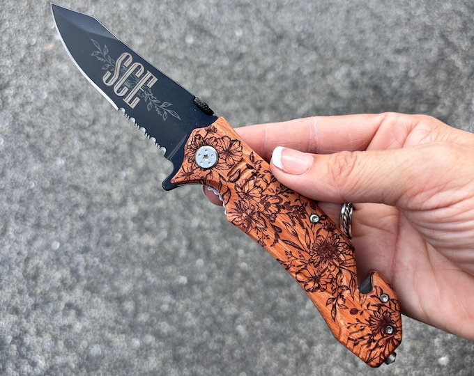 Customizable Laser Engraved Floral Pattern Bison River Rescue Knife - Etsy