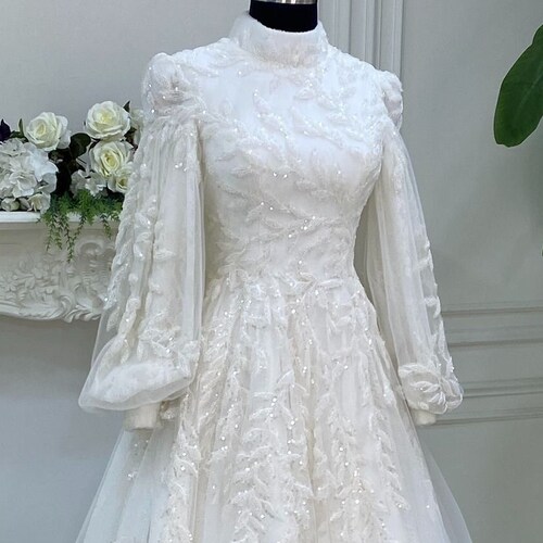 Elegant Muslim Wedding Dress Beaded Lace Bridal Dress Hijab Etsy