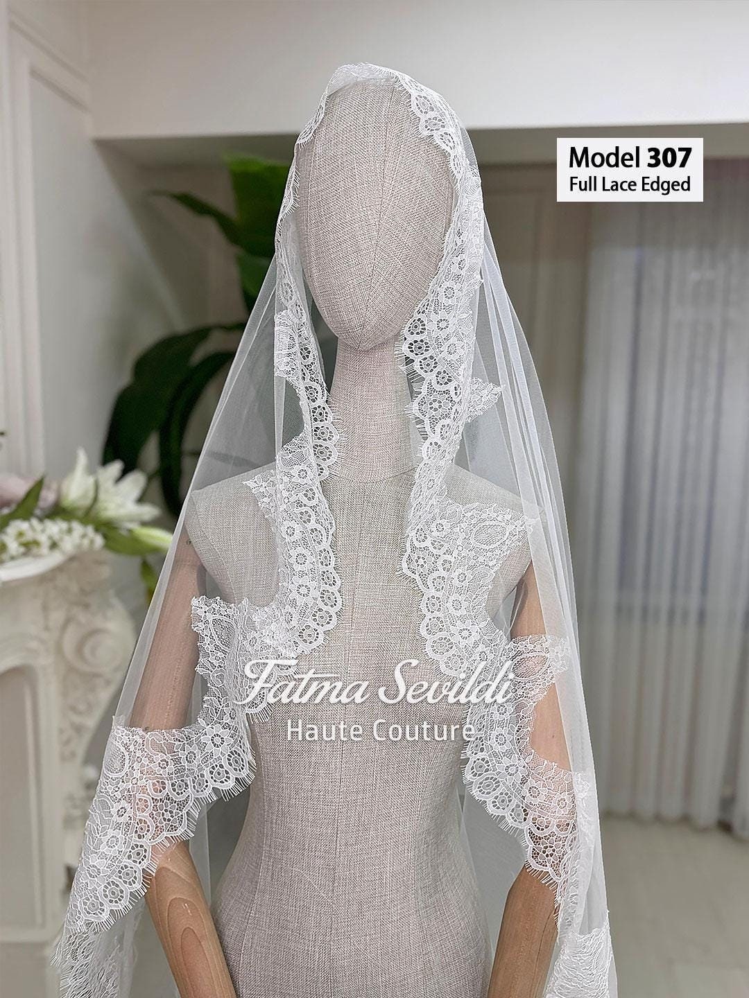 LACE EDGED VEILS / Hijab Head Set, Long Veil, Cathedral Veil, Wedding ...