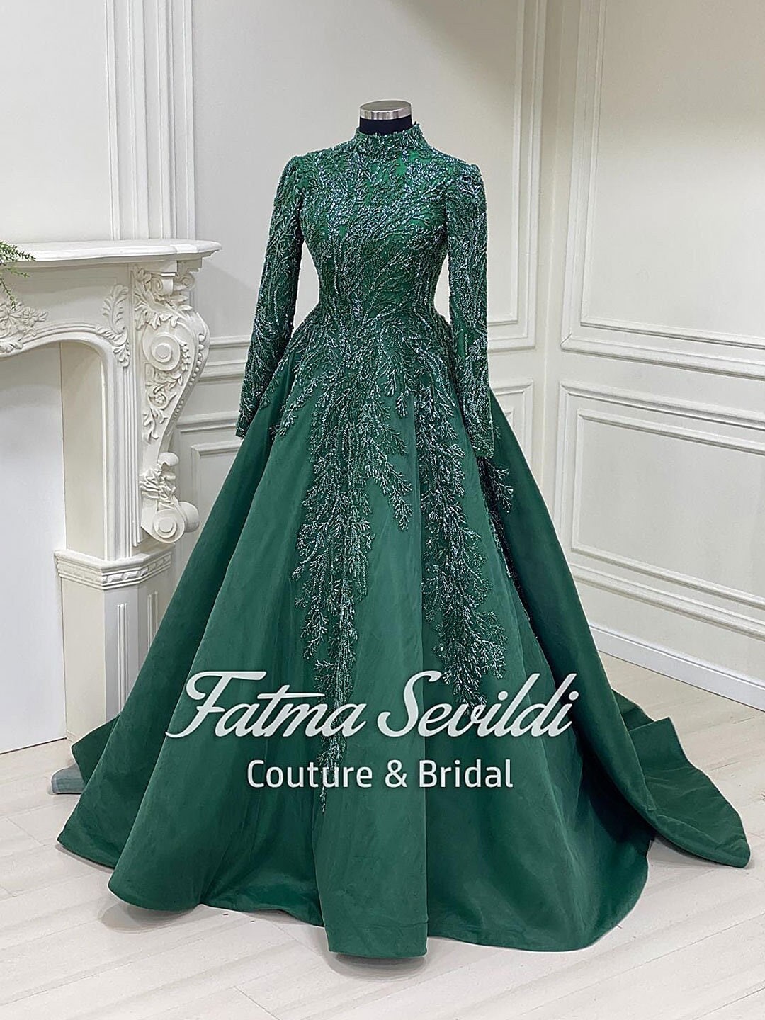 Green Muslim Evening Dress, Modest Prom Dress, Satin Engagement Dress ...