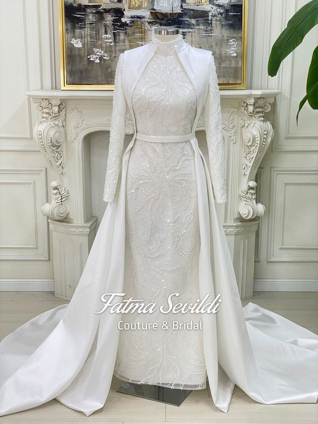 Jacket Cape Muslim Wedding Dress, Beaded Lace Bridal Dress, Hijab ...