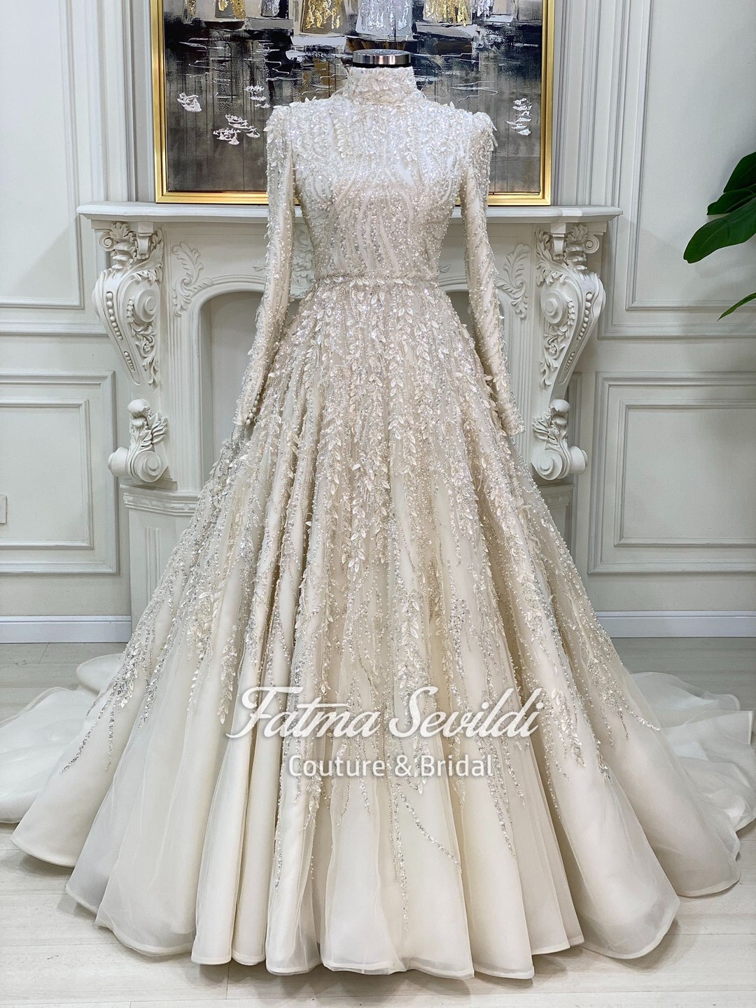 Luxury Lace Muslim Wedding Dress Hijab Wedding Dress Beaded Lace