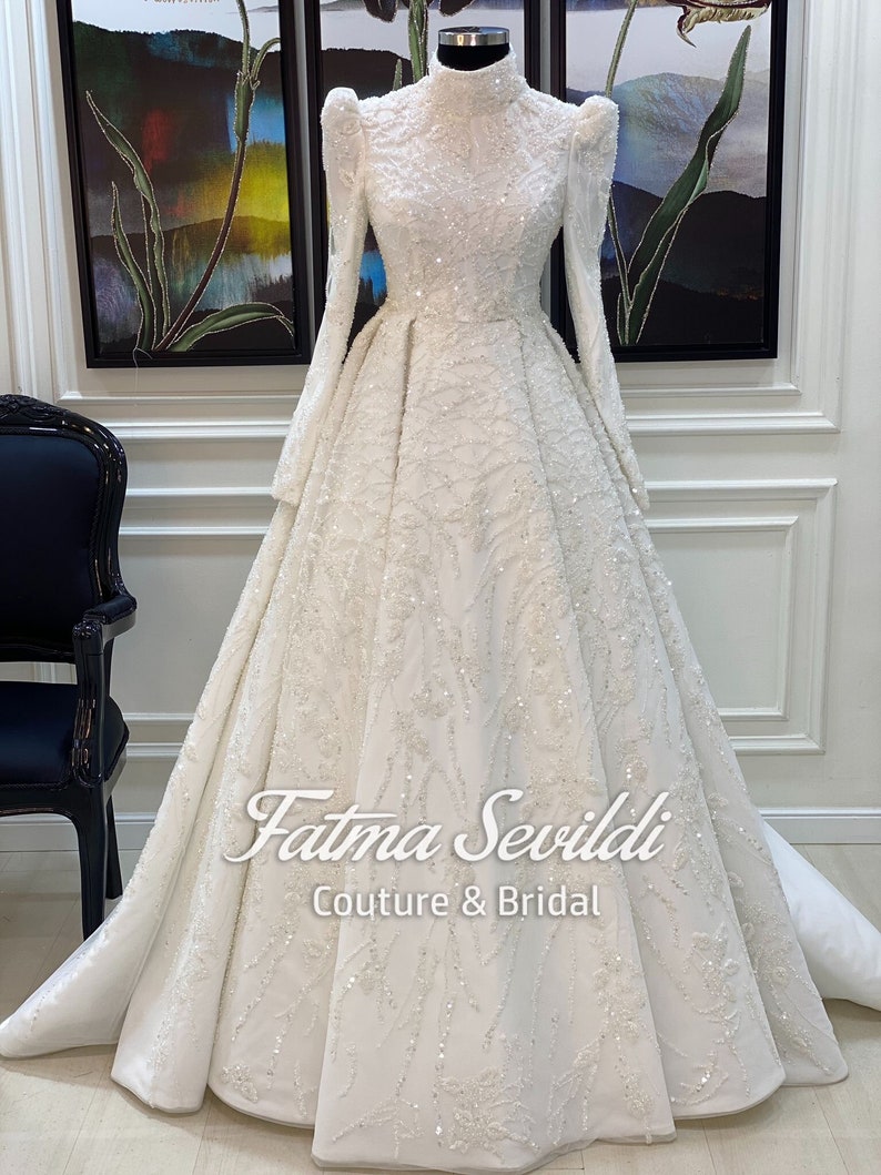 A Line Muslim Wedding Dress Beaded Lace Bridal Dress Hijab Etsy