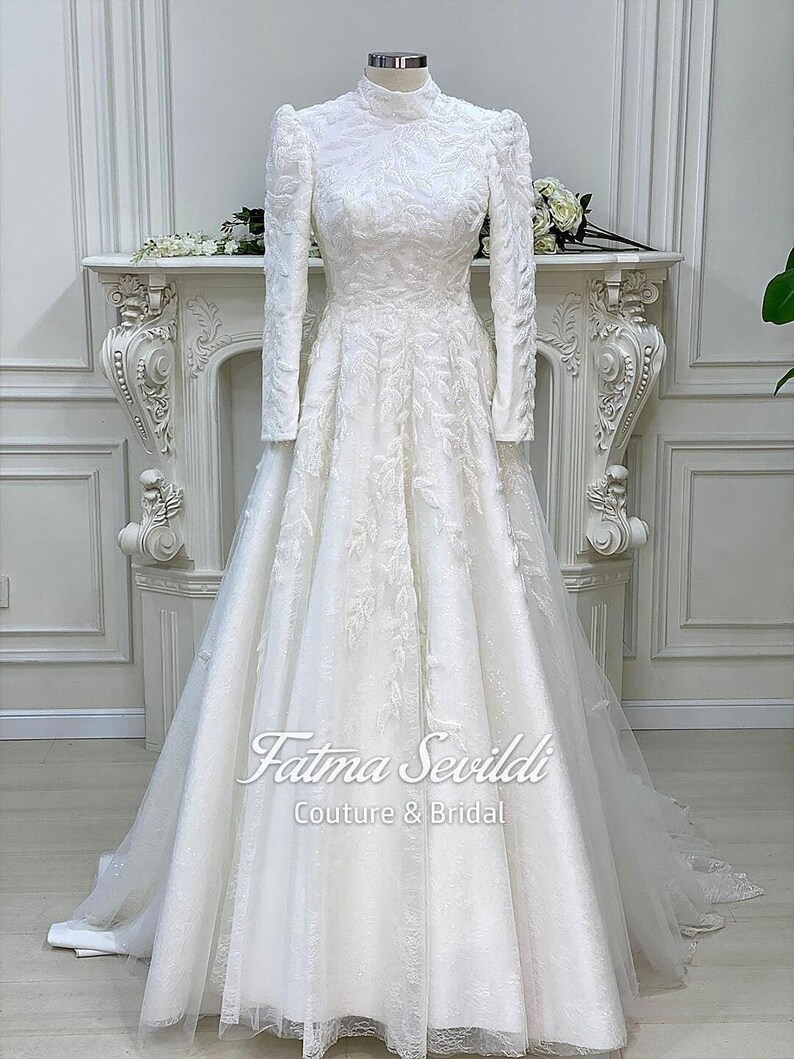 Hijab Wedding Dress, Beaded 3D Lace A-line, High Neck Long Sleeve ...