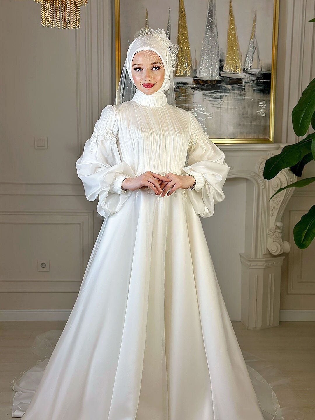 Veiled Muslim Wedding Dress, Hijab Wedding Dress, Beaded Lace Bridal ...