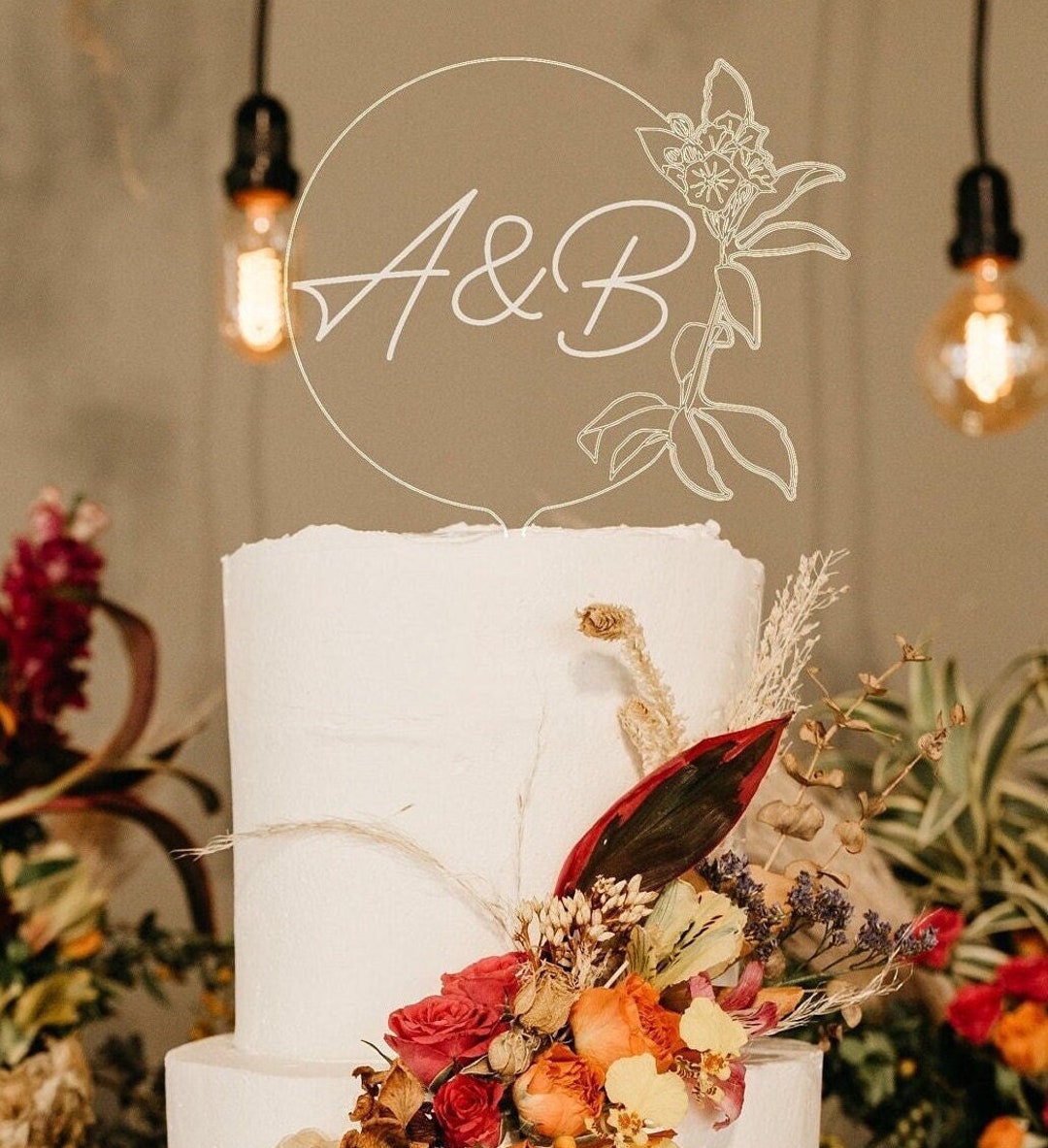Personalized Acrylic Wedding Cake Topper | Clear | Floral Cake Topper ...