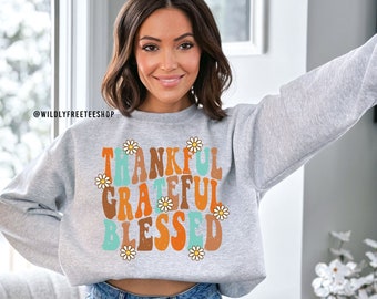 Thankful Grateful Blessed Sweatshirt, Retro Thankful Sweater ...