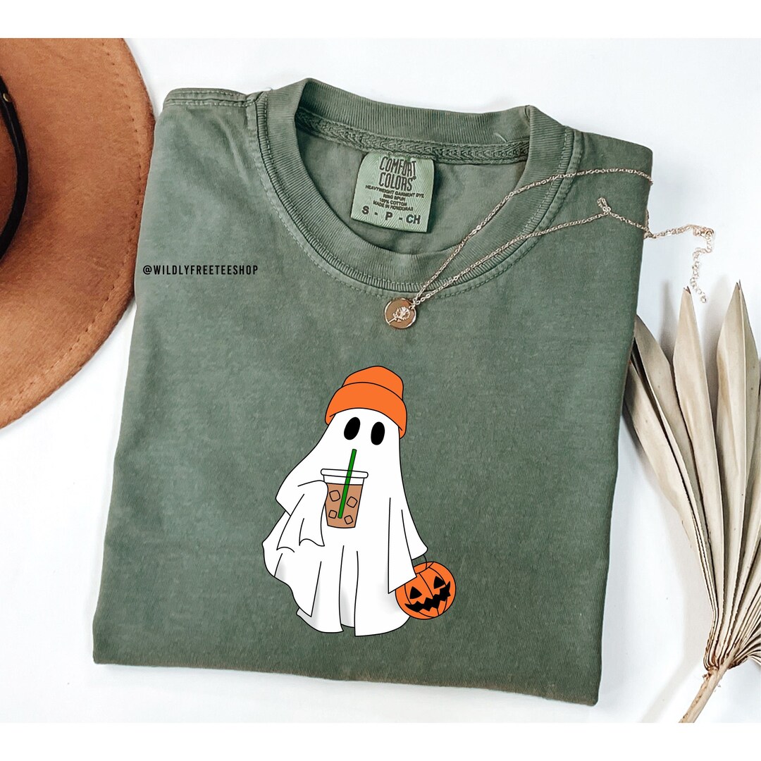 Ghost Drinking Iced Coffee Shirt, Cute Ghost Shirt, Fall Shirt, Spooky ...