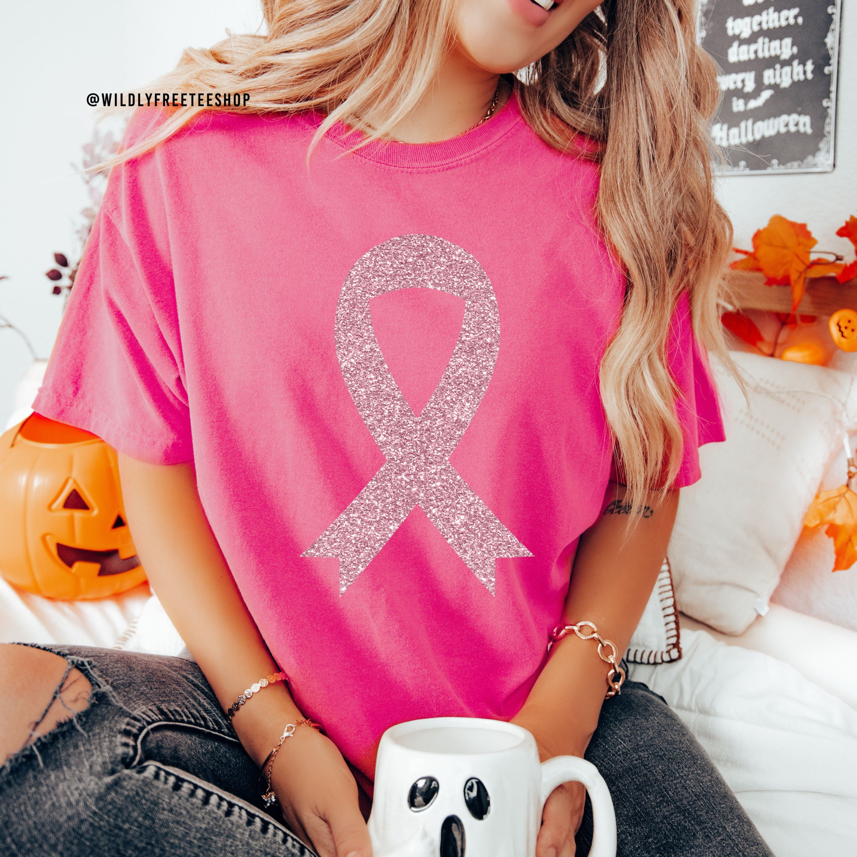 Pink Glitter Ribbon Breast Cancer Awareness Shirt - Comfort Colors ...