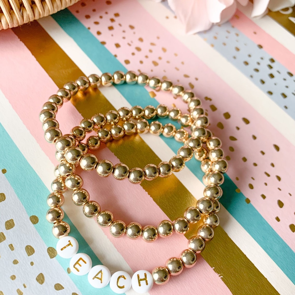 Teacher Bracelet Teach Bracelet Gold Beaded Bracelet Set | Etsy