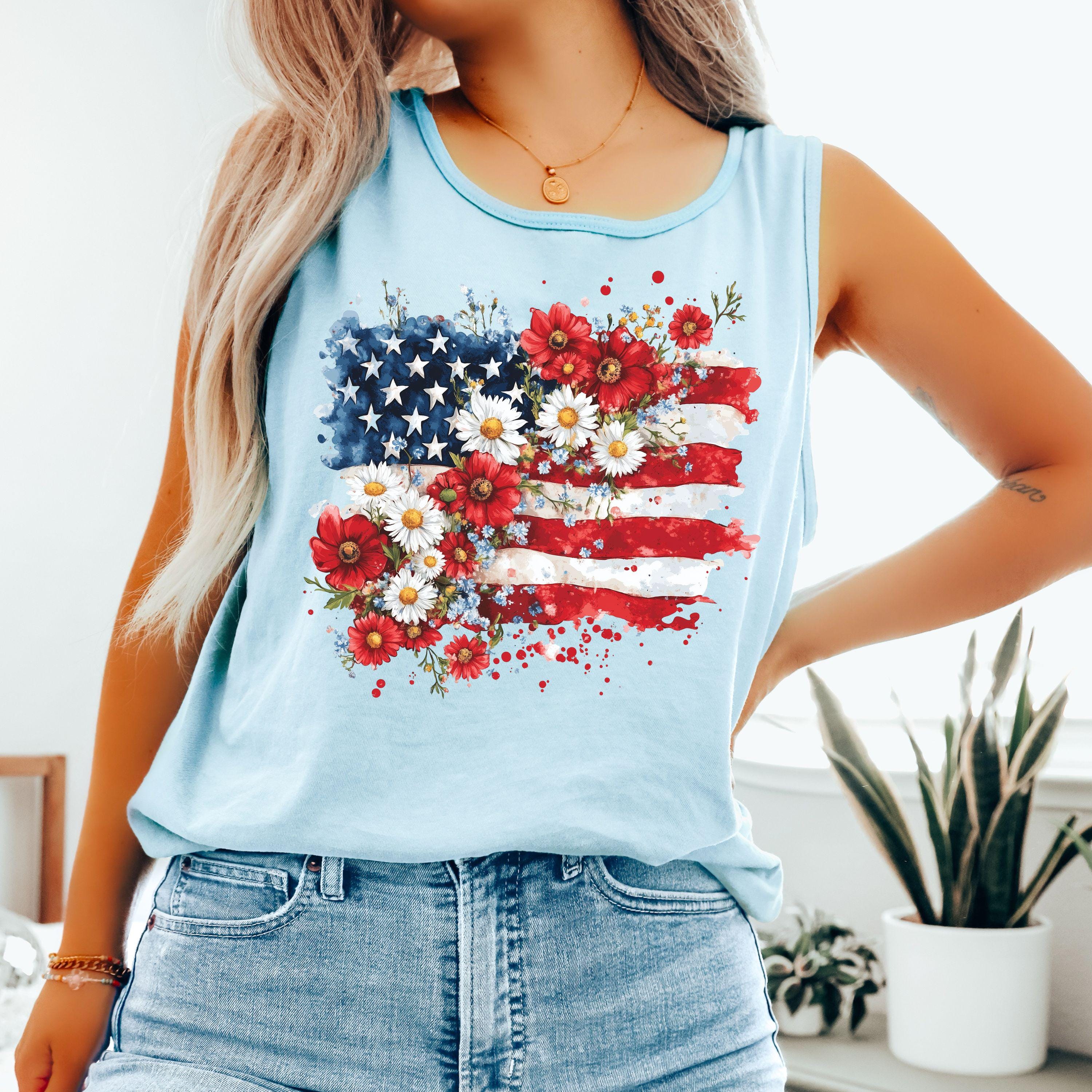 Floral American Flag Tank Top: 4th of July USA Outfit - Etsy